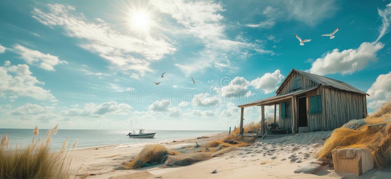 Beach House on Sandy Shore with Boat, Seagulls, and Blue Sky, Copy ...