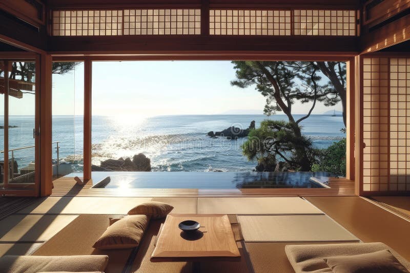 Beach House, with a View of the Sea Stock Illustration - Illustration ...