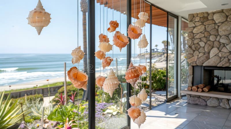 Beach House View with Seashell Wind Chimes and Modern Interior. Stock ...
