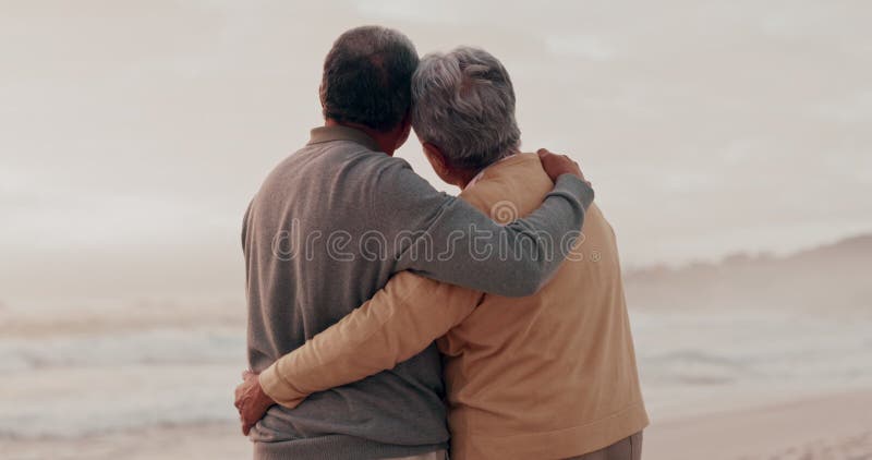 Beach Hug Back And Senior Couple Man Or Old Woman Bonding Relax And