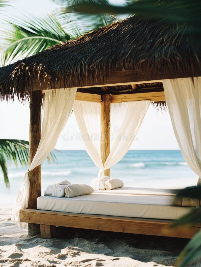 Beach Hut with Bed in Seaside Tropical Getaway at Sunset Stock Photo ...