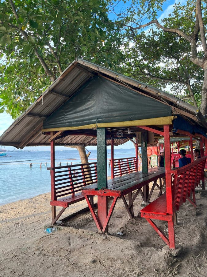 Beach Hut with Red Benches by the Sea Stock Image - Image of vacation ...
