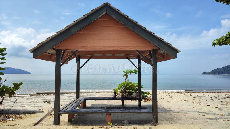 Beach Hut with Sea and Tree Views Stock Image - Image of furniture ...