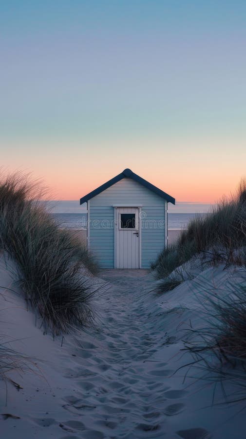 Beach Hut at Sunset Surrounded by Sand Dunes and Sea Grass Stock Image ...