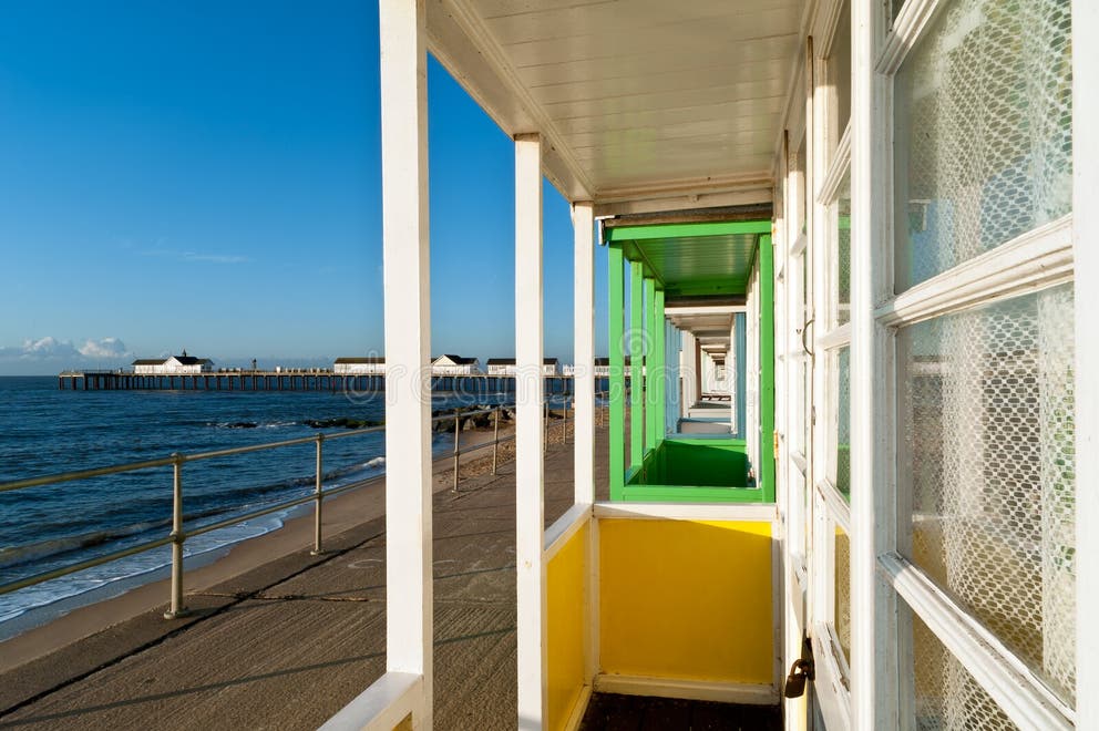 Beach Hut Veranda and Sothwold Pier Stock Image - Image of informal ...