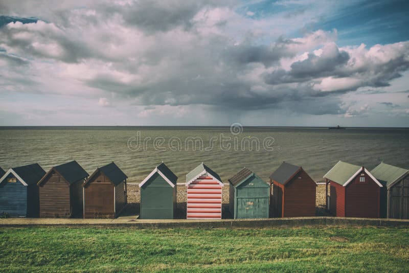 Beach Huts on Coast on Cloudy Rainy Day in Kent, England Stock Photo ...