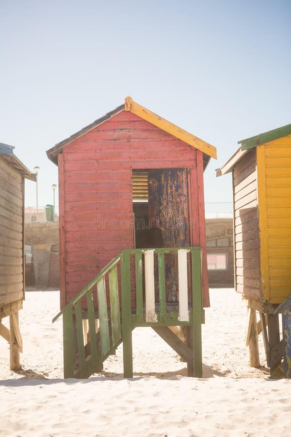 Beach huts on sand stock image. Image of home, sunlight - 92563109