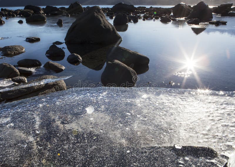 Beach Ice at Sunset stock image. Image of rocks, starburst - 86059883