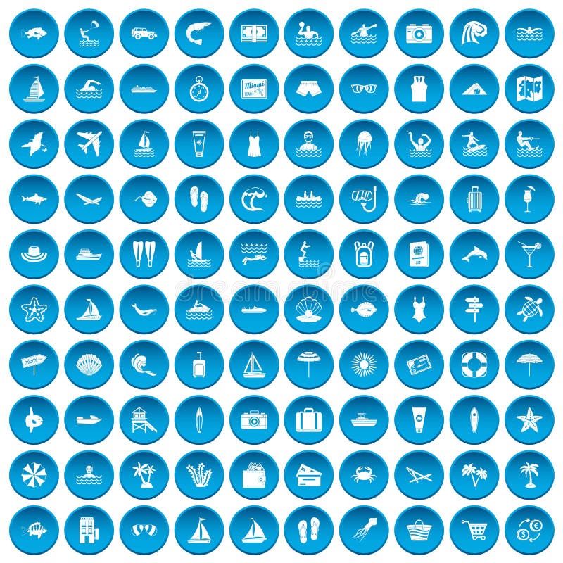 100 beach icons set blue stock vector. Illustration of crab - 96492159