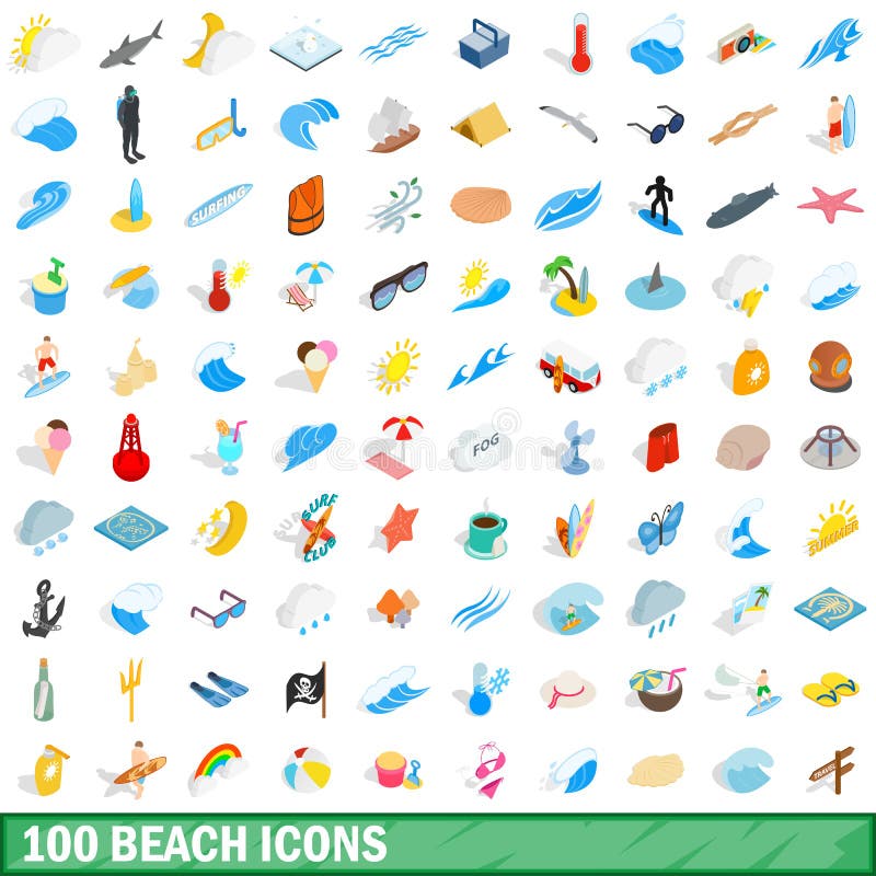 100 Beach Icons Set, Isometric 3d Style Stock Vector - Illustration of ...