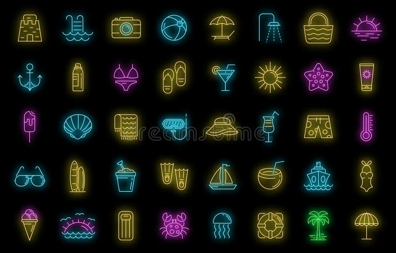 Beach Icons Set Vector Neon Stock Illustration - Illustration of palm ...