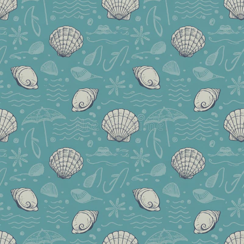 Beach Inspired Seamless Pattern with Seashells Umbrellas Waves for ...