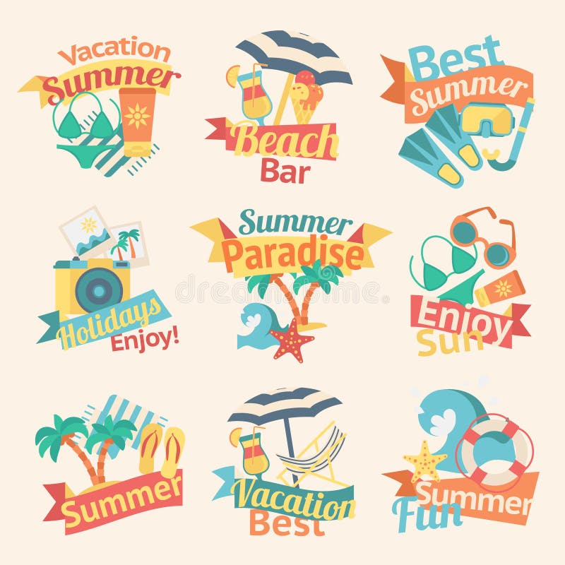 Beach Labels Set on Blue Background Stock Vector - Illustration of ...