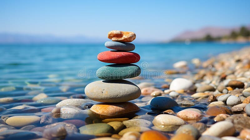 Beach Landscape Featuring a Stack of Colorful Rocks. AI-generated Stock ...