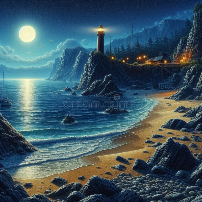 Beach Landscape at Night with Rocky Coast and Lighthouse Background ...