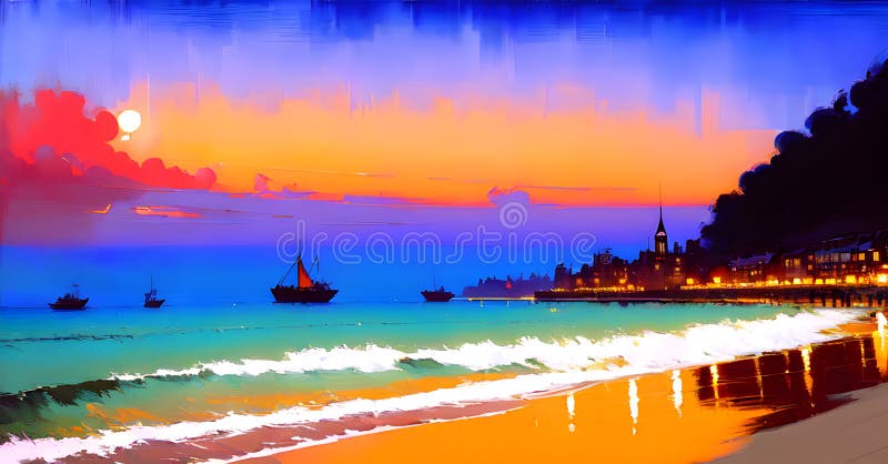 Landscape Beach Ocean Sunset, Childrens Book Illustration Generative AI ...