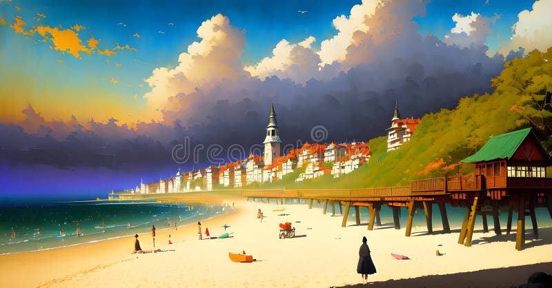 Landscape Beach Ocean Sunset, Childrens Book Illustration Generative AI ...