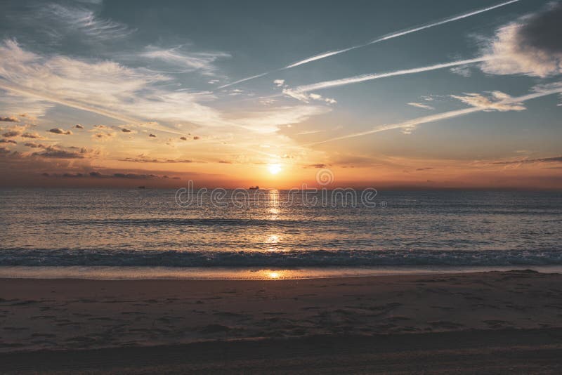 Beach Landscape with Sun Falling at Sunset Stock Image - Image of peace ...