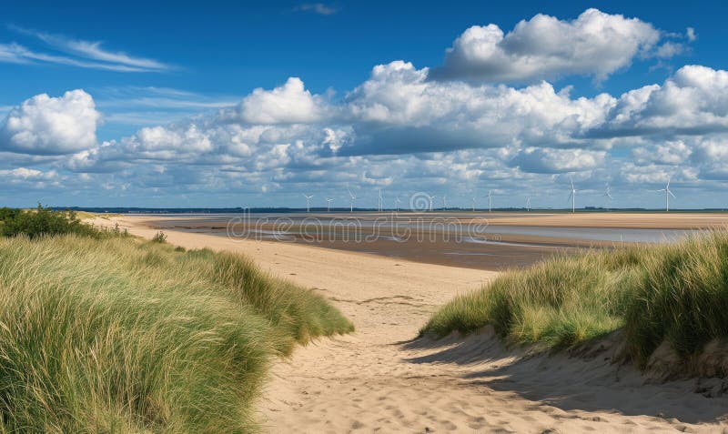 Beach Landscape with Wind Turbines, Sandy Path, Grass Dunes, Blue Sky ...