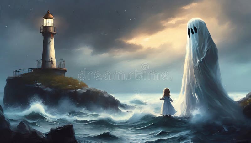 Beach Lighthouse with Ocean and Ghost Stock Illustration - Illustration ...