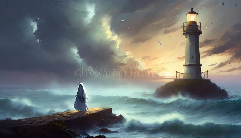 Beach Lighthouse with Ocean and Ghost Stock Illustration - Illustration ...