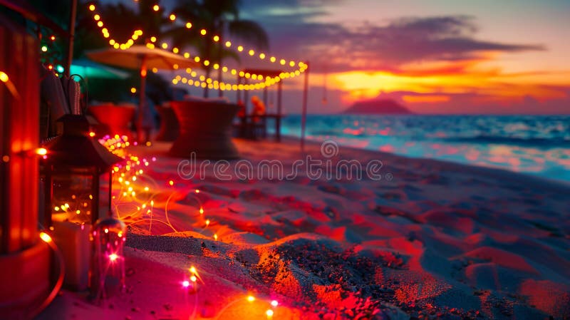 A Beach with Lights and Lanterns at Sunset Stock Photo - Image of water ...
