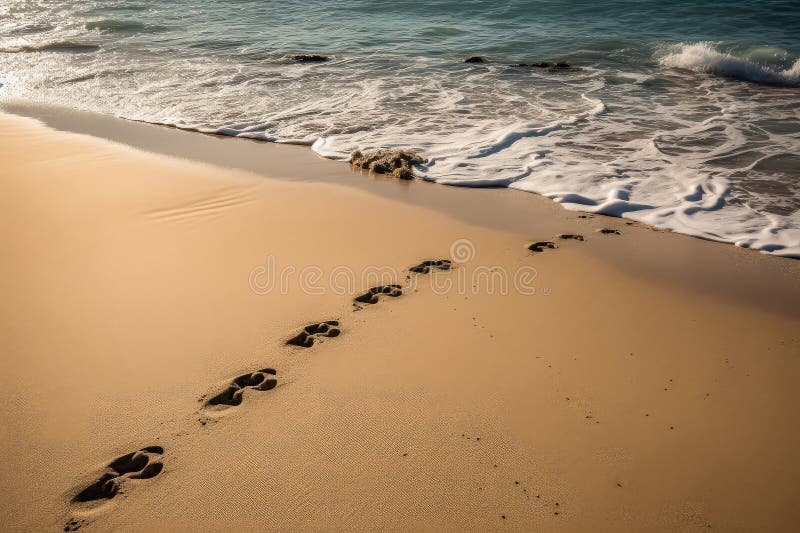Beach with a Line of Footprints in the Sand Stock Photo - Image of ...