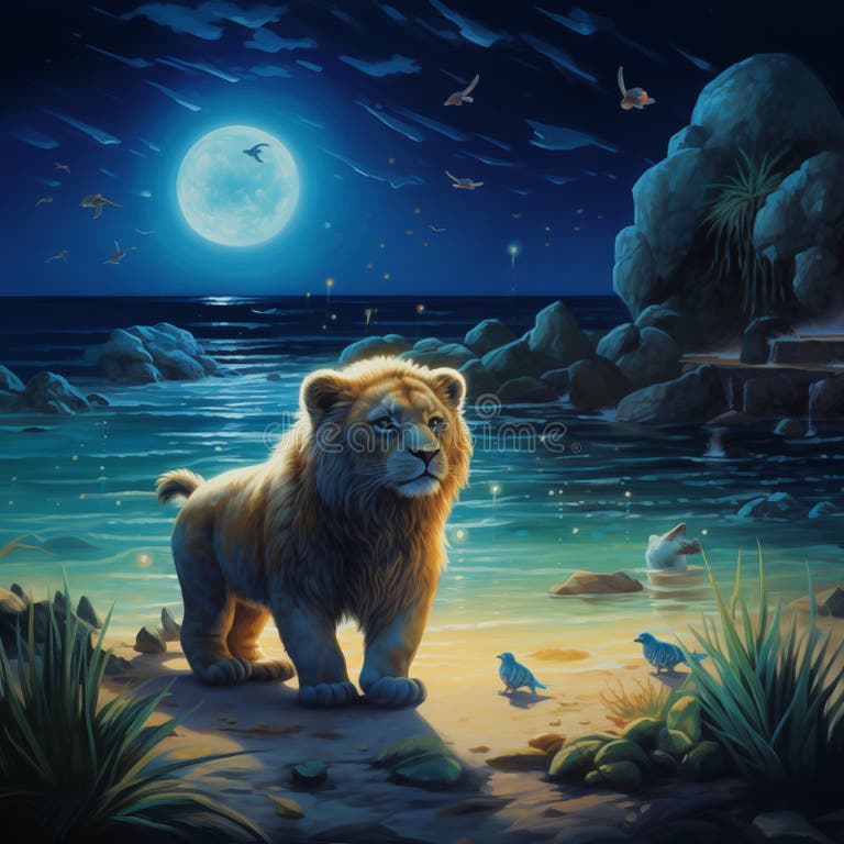 Beach and a lion stock illustration. Illustration of poster - 333607124