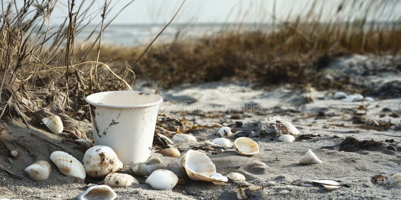 Beach Litter with Plastic Cup and Seashells on Sandy Shore Under ...