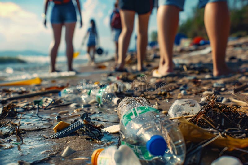 A Beach is Littered with Trash, Including a Bottle with a Blue Cap ...