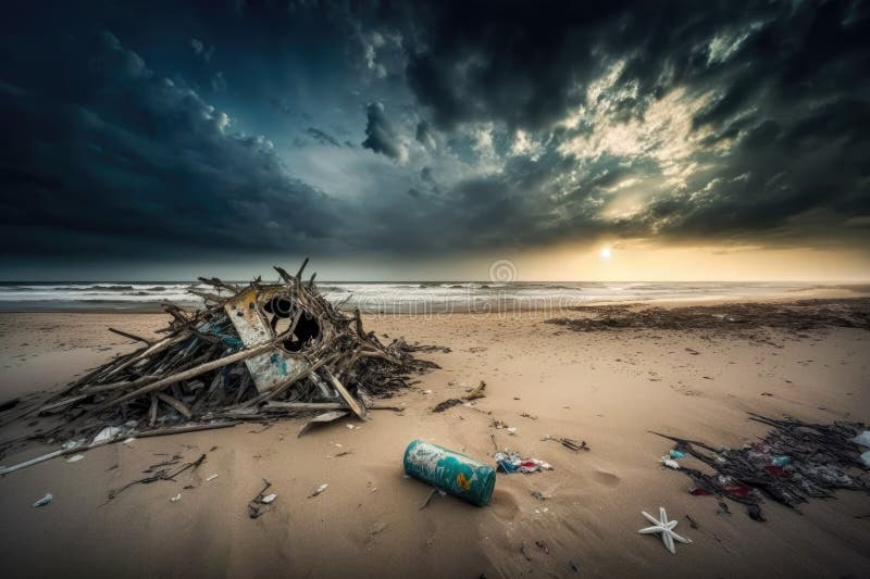 Beach Littered with Plastic Bottles and Other Waste, with Clear Blue ...