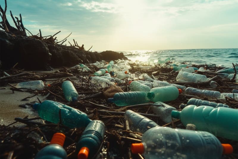 Beach Littered with Used Plastic Bottles, Highlighting Environmental ...