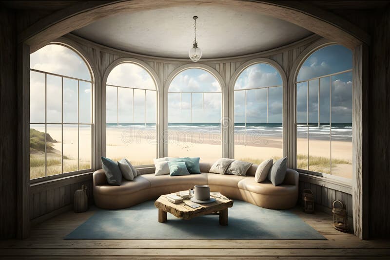 Beach Living on Sea View Interior with Big Windows. Neural Network AI ...