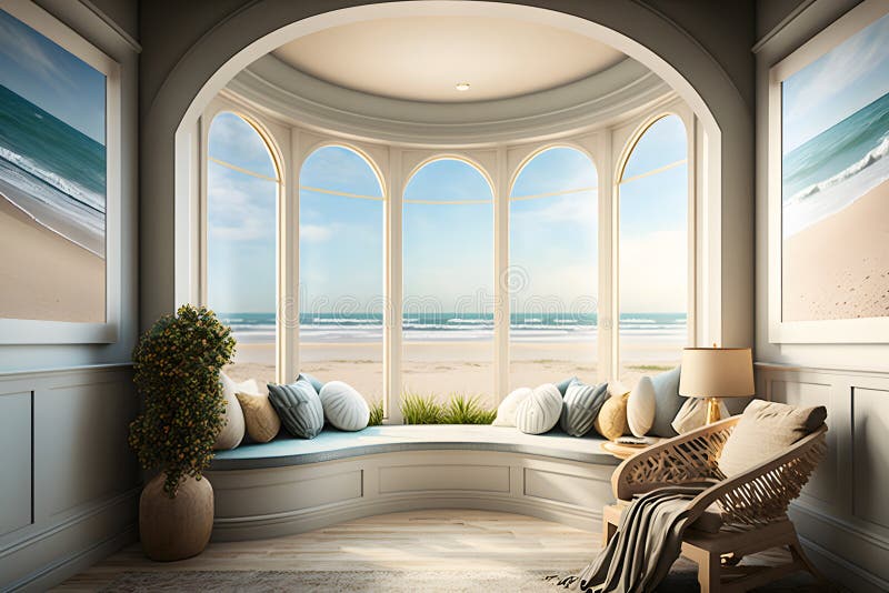 Beach Living on Sea View Interior with Big Windows. Neural Network AI ...