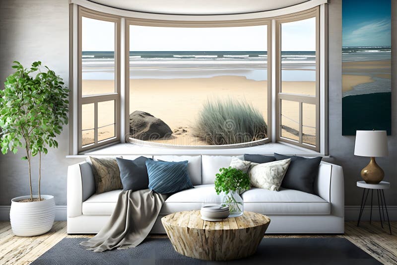 Beach Living on Sea View Interior with Big Windows. Neural Network AI ...