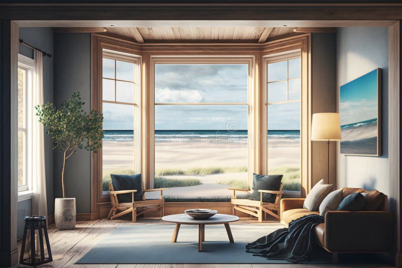 Beach Living on Sea View Interior with Big Windows. Neural Network AI ...