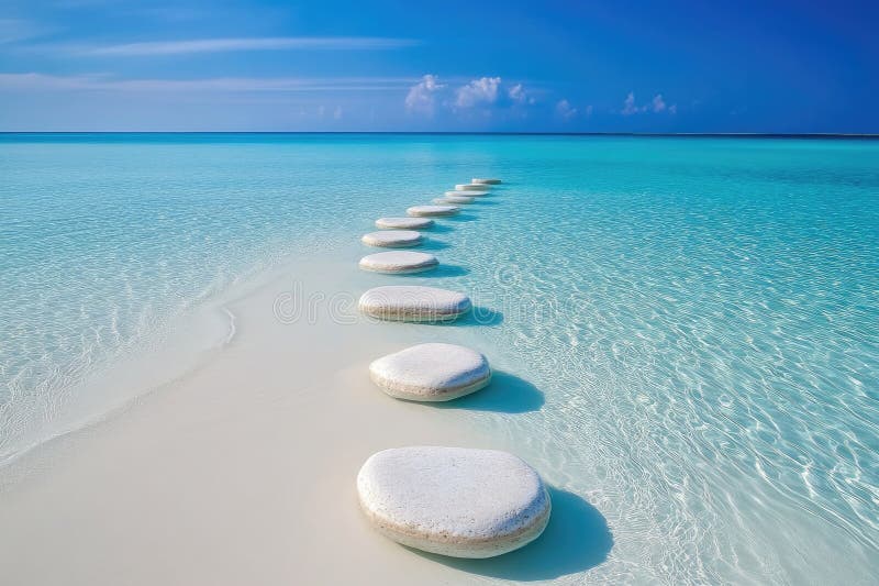 A Beach with a Long Path of Rocks Leading To the Water Stock Photo ...