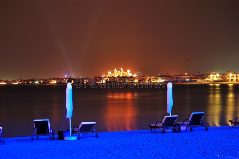 Beach of Luxury Hotel in Night Illumination Stock Photo - Image of dusk ...
