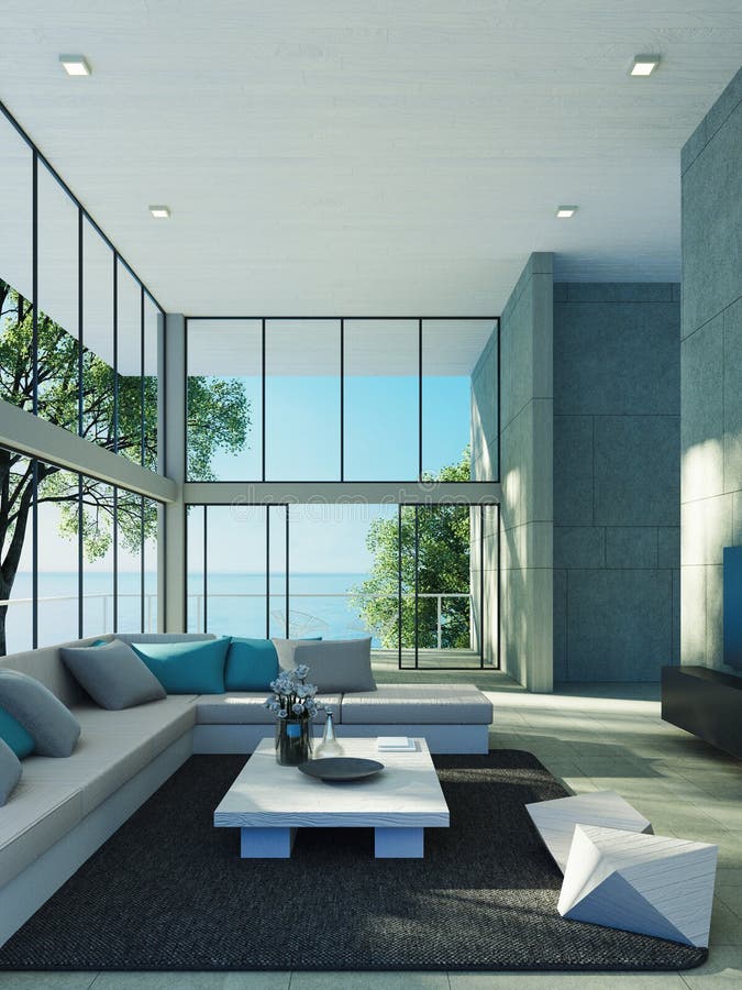 Beach Luxury Modern Interior - Ocean Front View - 3D Rendering Stock ...