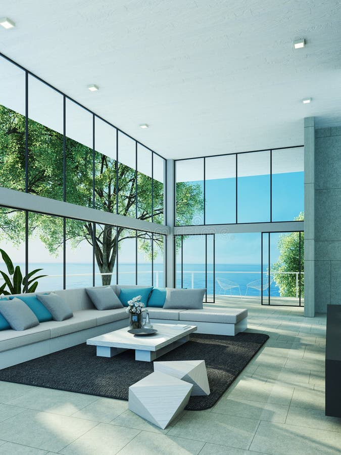Beach Luxury Modern Interior - Ocean Front View - 3D Rendering Stock ...