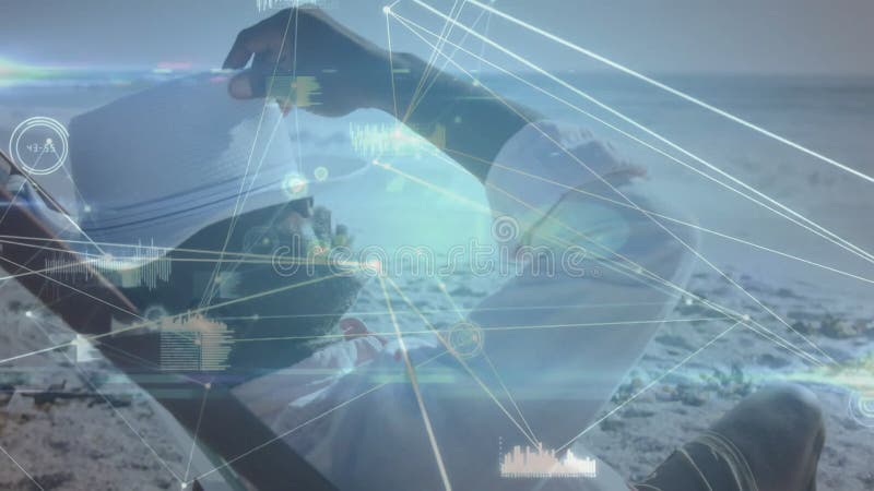 On Beach, Man Interacting with Digital Network Animation and Data ...