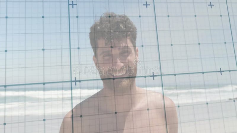 At Beach, Man Smiling with Animation of Graph Overlay Showing Data ...