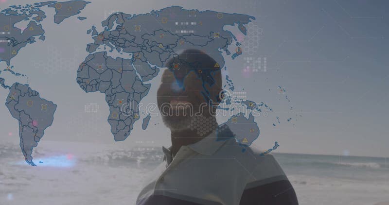 At Beach, Man Smiling with Animation of World Map and Data Processing ...