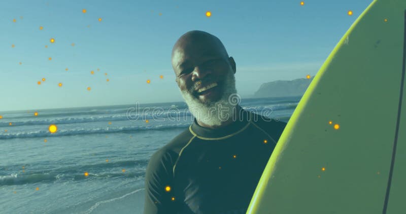On Beach, Man with Surfboard Surrounded by Glowing Animation Particles ...