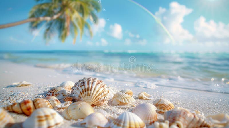 A Beach with Many Shells on the Sand and a Palm Tree, AI Stock Image ...