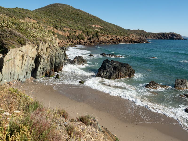 The Beach of Masua in Sardigna and the Sea Stock Image - Image of cliff ...