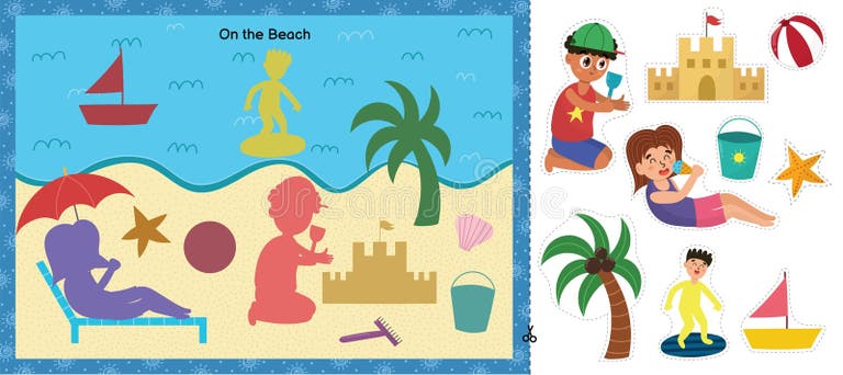 On the Beach Matching Game for Kids. Summer Cut and Glue Activity Page ...