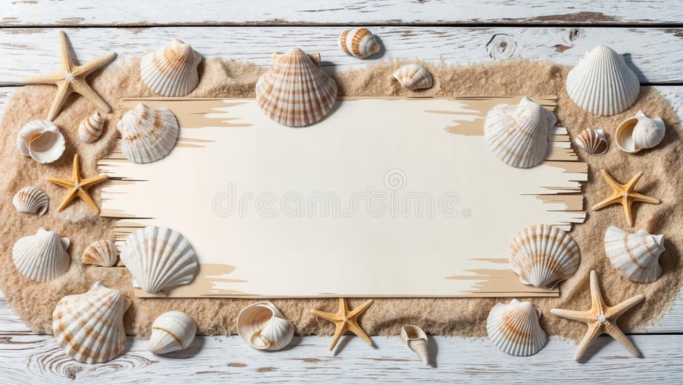 Beach Memory Frame: Seashell Collection on Sand with Blank Space for ...