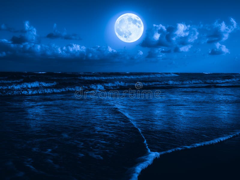 Beach at Midnight with a Full Moon Stock Image - Image of blue, gloomy ...