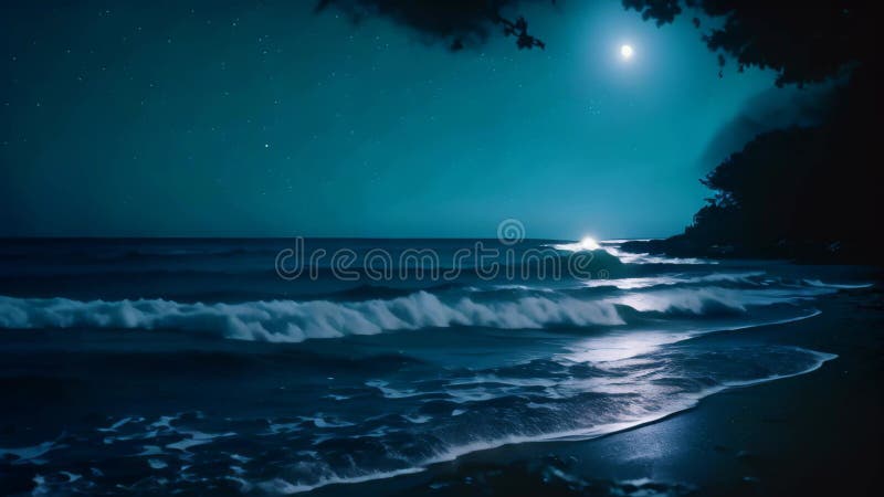 A Beach at Night with a Full Moon Illuminating the Sky and Casting a ...